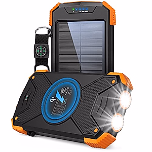 BLAVOR Solar Power Bank, Qi Portable Charger 10,000mAh External Battery Pack Type C Input Output Dual Super Bright Flashlight, Compass Carabiner, Solar Panel Charging (Orange)