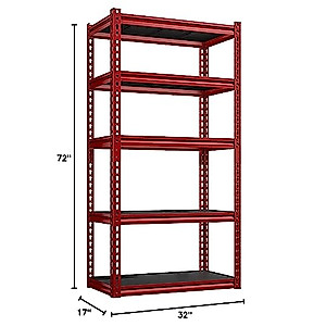 REIBII 72" Garage Shelving Heavy Duty Garage Storage Shelves, Adjustable 5 Tier Heavy Duty Shelving, Garage Shelves Heavy Duty Metal Shelving for Storage, Utility Shelves, 72"H*32"W*17"D, Red ＆ Black
