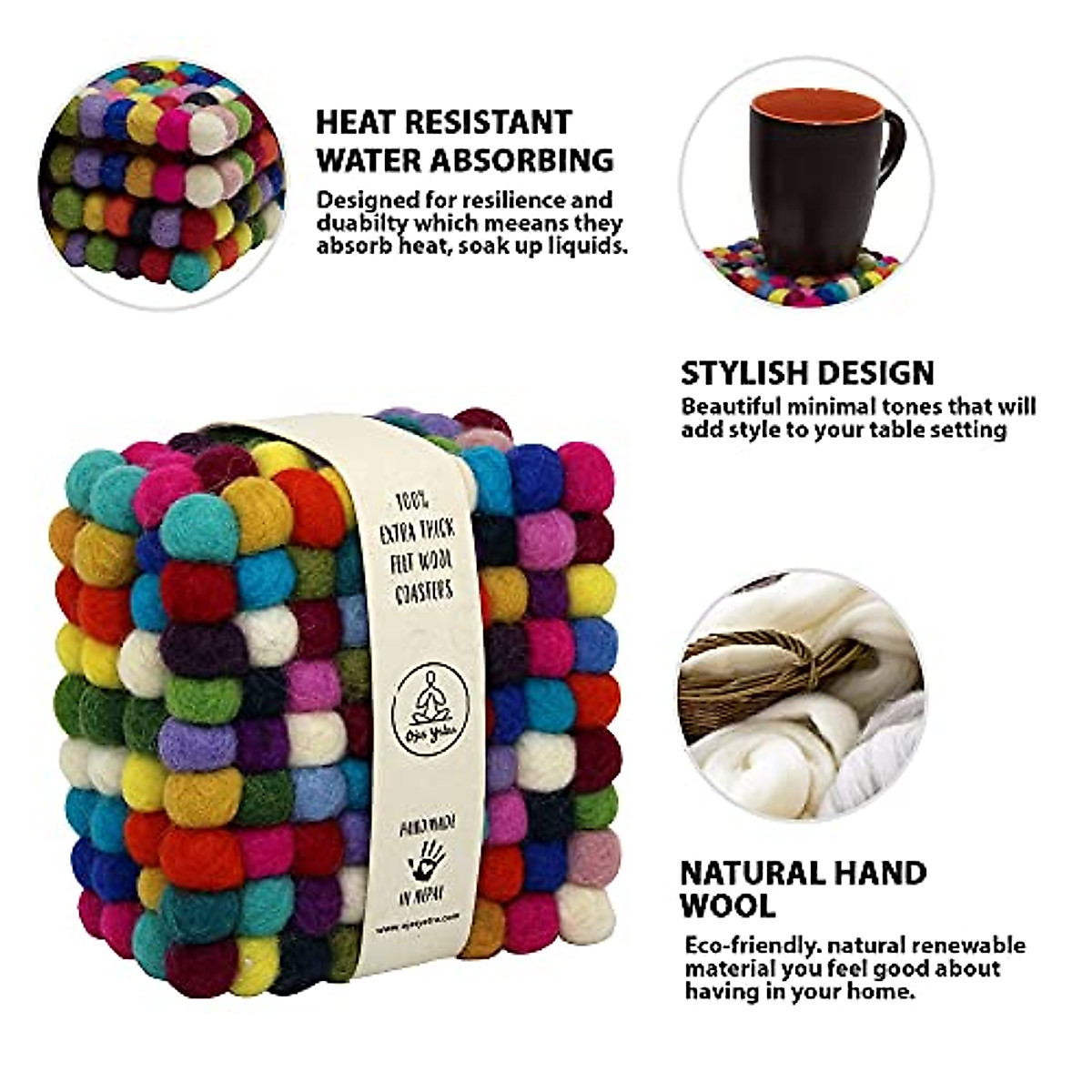 Colorful Felt Coasters Square - Premium Felted Ball Wool Coasters Set of 4 - with Lokta Gift Box - Handmade Large Absorbent Coasters for Drinks - Naturally Dense, Heat Resistant, Thick & Durable