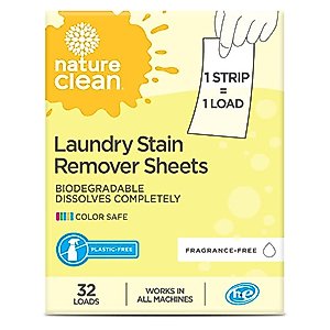 Nature Clean Natural Laundry Stain Remover Strips For Clothes 36 count, Non-Toxic Plastic-Free Packaging Unscented Eco-Friendly Biodegradable Septic Safe. Laundry Detergent Sheets Stain Remover for Fabric & Travel.