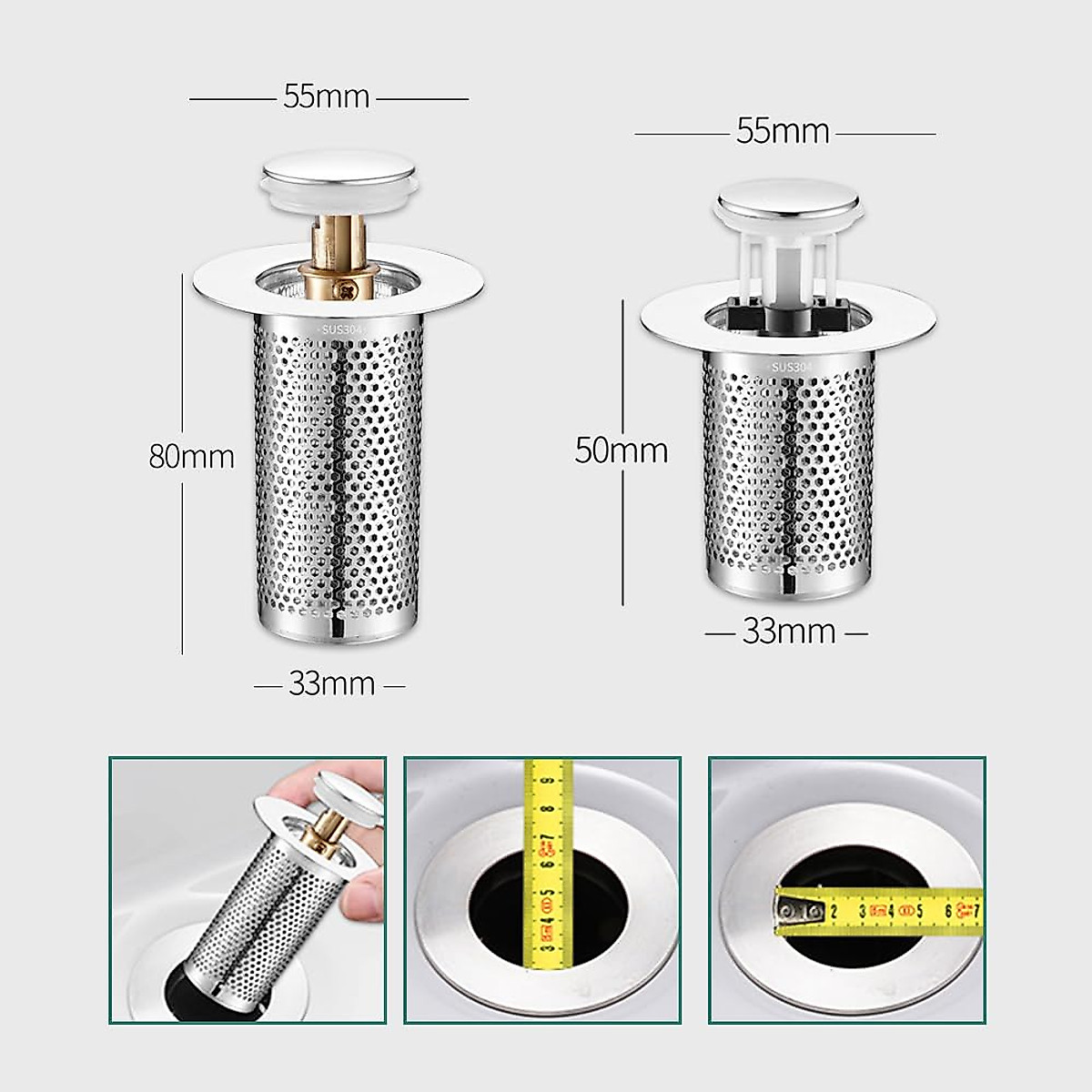 Bathroom Sink Stopper Hair Catcher, 2024 New Bathroom Sink Drain Strainer, Pop Up Drain Strainer with Removable Filter Basket Hair Catcher, Universal Strainer for Bathroom Kitchen (1.96*1.29in 2PCS)