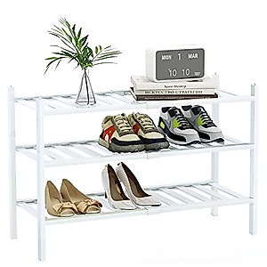 Quiqear Bamboo Shoe Rack, 3 Tier Shoe Rack Organizer, Stackable & Durable Shoe Shelf Holder, Free Standing Shoe Racks, Shoe Storage Organizer for Entryway, Closet, Hallway, 27.2*11*18.3inch (White)