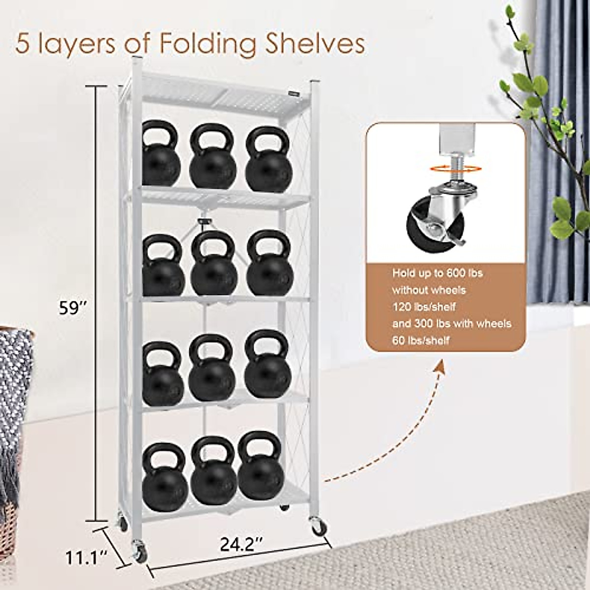 ALANNG 5 Tier Storage Shelves Heavy Duty on Wheels, Foldable Metal Shelving Units 11.1" D x 24.2" W x 59" H for Garage Kitchen Bakers, No Assembly Organizer Rack White