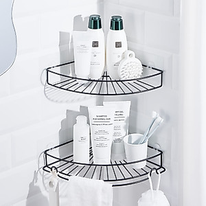 KINCMAX Corner Shower Caddy, Rustproof SUS304 Stainless Steel, Adhesive Wall Mount Double Baskets 2-pack with Built-in Towel Bar (Matte Black)