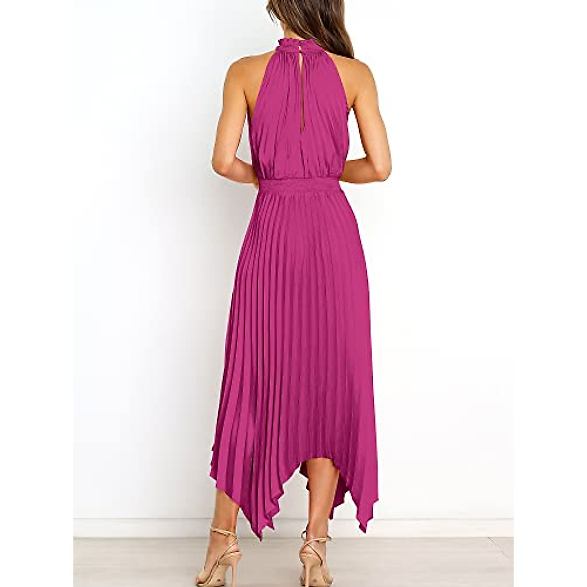 ANRABESS Women's Sleeveless Cutout Halter Neck Satin Formal Dress Smocked Pleated Asymmetric Party Cocktail Maxi Dress Elagant Wedding Guest Evening Graduation Prom Dress 752meihong-M Rose