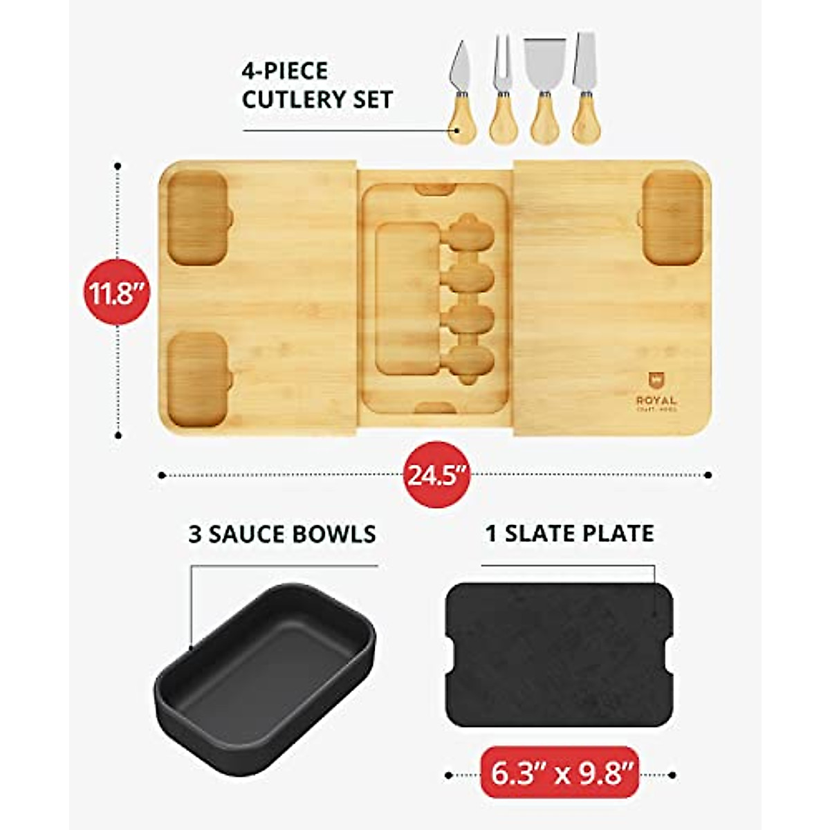 Extra Large Bamboo Charcuterie Boards - Large Charcuterie Board Set w/ 3 Sauce Bowls, 4 Knives & Slate Plate - Unique Cheese Board & Serving Tray with Charcuterie Accessories - Ideal Housewarming Gift