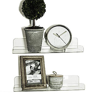 Huji 16 Inch Clear Acrylic Shelf with Rounded Corners for Books, Collectibles, Photos, Coffee Mugs, Makeup, Funko Pops, Toys, Spice Rack (Two Shelves)