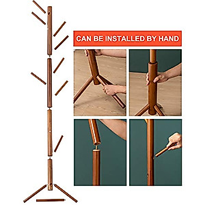 BMOSU Bamboo Coat Rack Freestanding Stand Tree Adjustable Coat with 3 Sections 8 Hooks Easy to Assemble Standing Coat Jackets Hanger for Bedroom Office Hallway Entryway Brown