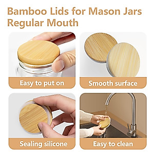 Mason Jar Bamboo Lids, 70mm/2.8 inch Natural Wooden Mason Jar Lids, Food Grade Material Silicone Sealing, 100% Fit and Airtight for Regular Mouth Mason Jars (6PCS Regular Lids)