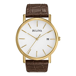 Bulova Men's Classic 3-Hand Calendar Date Quartz Leather Strap Watch, Buckle, 37mm Style:97B100