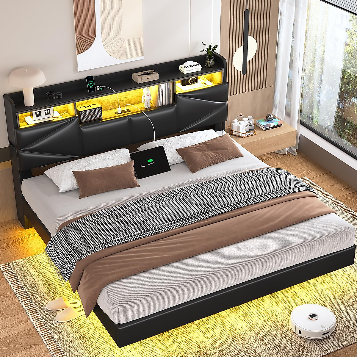 BTHFST Floating King Bed Frame with Storage Headboard & Charging Station, RGB LED Floating Platform Bed, Solid Wood Slats Support, No Box Spring Needed, PU Black