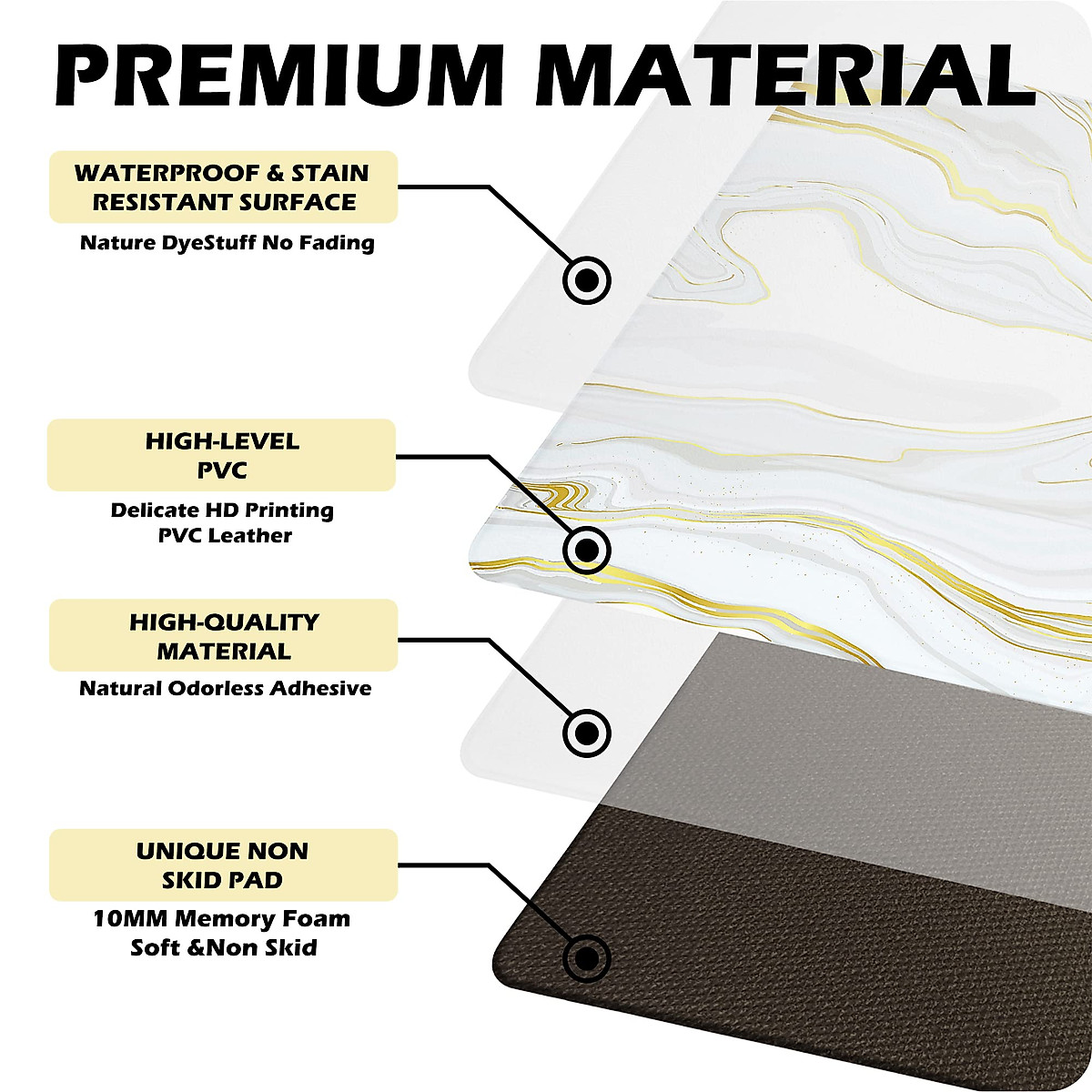 Gold and White Kitchen Rugs 2/5 Inch Thick Cushioned Anti Fatigue Marble Kitchen Mats 2 PCS Waterproof Non-Slip PVC Runner Rug Comfort Floor Mat for Kitchen Sink Laundry,17.3''x 28''+17.3'' x 47''