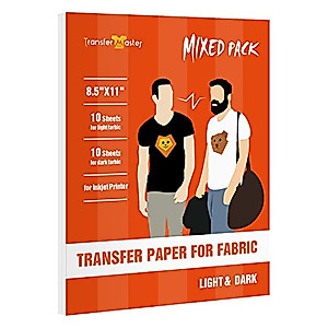 Printable Heat Transfer Paper for Inkjet Printers, 20 Sheets Mixed Pack - Light and Dark Fabric Iron-On Transfer Paper for DIY T-shirts, 8.5X11 Inch