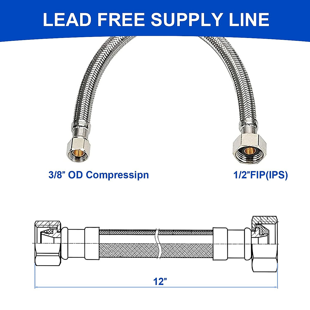 Universal Flexible Faucet Hose Connector, 12-Inch x 3/8" Comp x 1/2" FIP, Premium Braided Stainless Steel Faucet Water Supply Line for Kitchen Bathroom Sink Faucet (2-Pack)