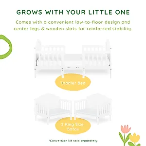 SweetPea Baby Rose 3-in-1 Convertible Toddler Bed in White, Greenguard Gold Certified, JPMA Certified, Safety Rails, Made of Sustainable New Zealand Pinewood