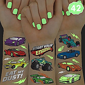 xo, Fetti Cars Glow in Dark Temporary Tattoos for Kids - 42 pcs | Monster Truck Birthday Party Supplies, Race Car Favors Decorations