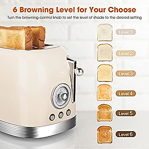 CROWNFUL 2-Slice Toaster, Extra Wide Slots Toaster, Retro Stainless Steel with Bagel, Cancel, Defrost, Reheat Function and 6-Shade Settings, Removal Crumb Tray, Cream