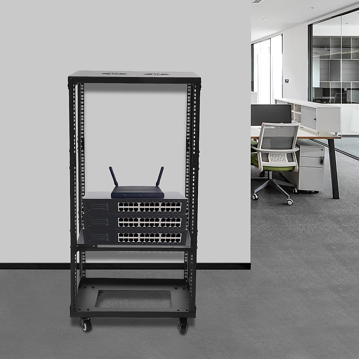 18U Open Frame Server Rack - 4 Post Adjustable Mobile - Free Standing Rolling Network/Computer Equipment Data Rack, Open Frame Rack for Servers & AV Gear