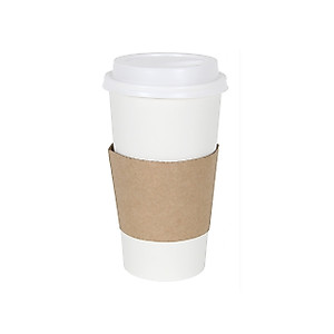 CucinaPrime White Paper Hot Coffee Cups with White Lids and Sleeves (20 Ounce - 50 Pack)