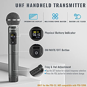 Phenyx Pro Wireless Microphone System, Metal Wireless Mic Set with Case,Handheld Cordless Dynamic Microphones for Singing, Karaoke, Church, DJ, 2x30 UHF Adjustable Frequencies,200ft Range (PTU-52-2H)