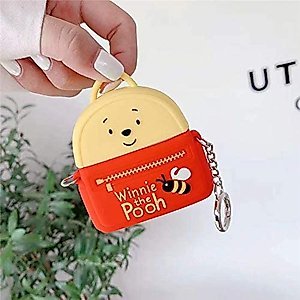 Cute AirPod Case Cover for Apple AirPods 1 2 with Keychain Clasp Winnie The Pooh Bear Backpack Bag Soft Silicone 3D Disney Disneyland Cartoon Cute Lovely Fun Kids Teens Girls Daughter Boys Son