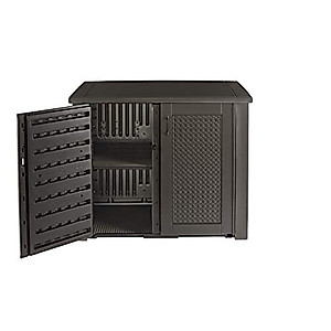 Rubbermaid Extra Large Decorative Patio Storage Cabinet, Weather Resistant, 123 Gal., Dark Teakwood, for Garden/Backyard/Home/Pool