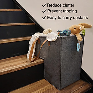 [12Baskets] 16" Stair Basket for Carpeted Stairs, 4mm Thick Premium Felt, Foldable Storage Organizer for Home and Office Décor (Dark Grey)