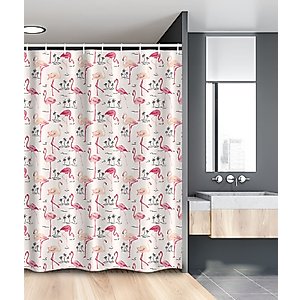 Ambesonne Flamingo Stall Shower Curtain, Flamingos in Vintage Style Illustration Love and Romantic Animals Art Print, Fabric Bathroom Decor Set with Hooks, 54" W x 78" L, Beige Pink