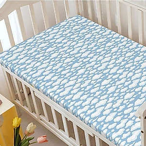 Clouds Themed Fitted Crib Sheet,Standard Crib Mattress Fitted Sheet Soft & Stretchy Fitted Crib Sheet-Baby Crib Sheets for Girl or Boy, 28“ x52“,Pale Sky Blue White
