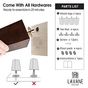 La Vane 6 inch Wooden Furniture Legs, Set of 4 Solid Wood Square White Mid-Century Modern Replacement Bun Feet with Pre-Drilled 5/16 Inch Bolt & Mounting Plate & Screws for Couch Sofa Armchair