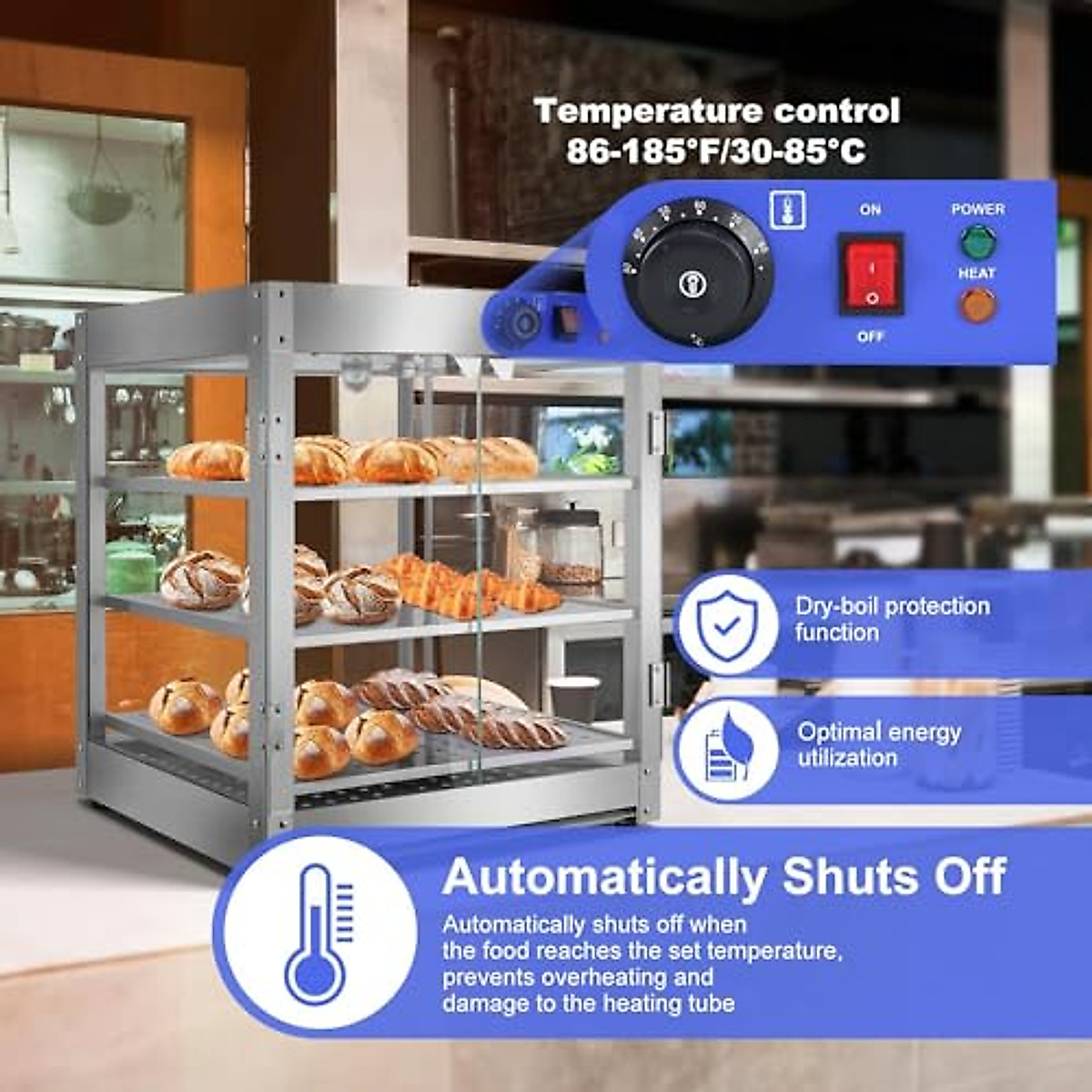 Commercial Countertop Food Warmer | 800 W Stainless Steel Countertop Heated Cabinet | 3-Tier Glass Food Warming Display Machine | 86-185°F Temp Control Food Heater for Buffet Restaurant