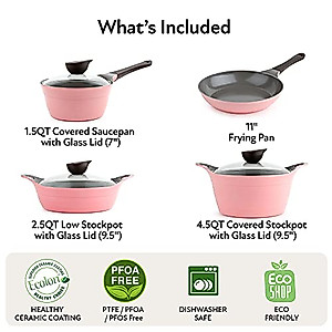 Neoflam Eela 7pc Ceramic Coated Nonstick Cookware Pots&Pan Set with Saucepan, Frying Pan, Casserole Stockpot, Glass Lids, Silicone Hot Handle Holder Included, 7-Piece,Pink