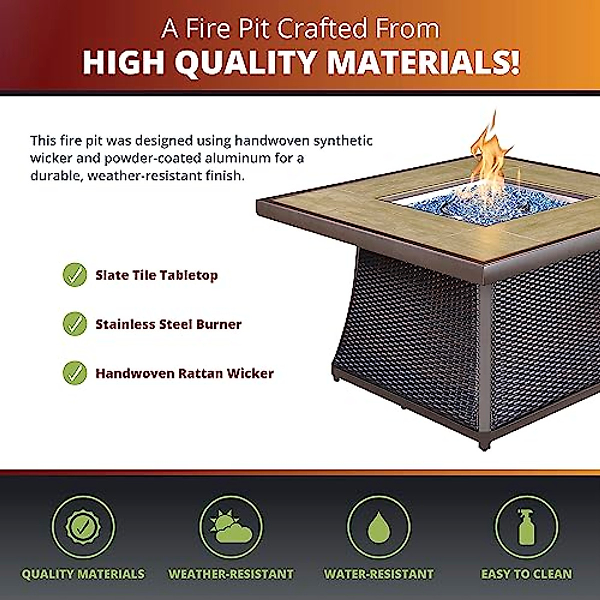 Kinger Home Elio Rattan 42-Inch Outdoor Patio Propane Gas Fire Pit Table with Tile Tabletop, CSA Certified 50,000 BTU Firepit, Brown Aluminum Frame