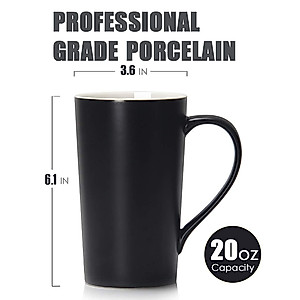 20 Ounces Large Coffee Mugs, Smilatte M007 Plain Tall Ceramic Cup with Handle for Dad Men, Set of 2, Black