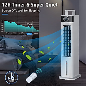 Evaporative Air Cooler, Portable Air Conditioner Fan, 35'' Evaporative Cooler with 3 Speeds & 52°Oscillation, 12-H Timer Remote Control Swamp Cooler w/Cooling Function for Home & Office