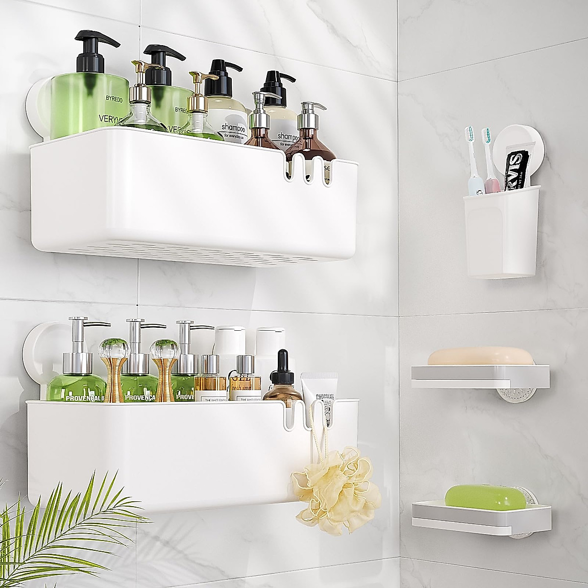 LUXEAR Shower Caddy 5 Pack Suction Cup Shower Organizer for Bathroom Storage Home &Kitchen,No Drilling Removable Plastic Shower Shelf Organizer with Soap Dish&Toothbrush Holder Easy Install