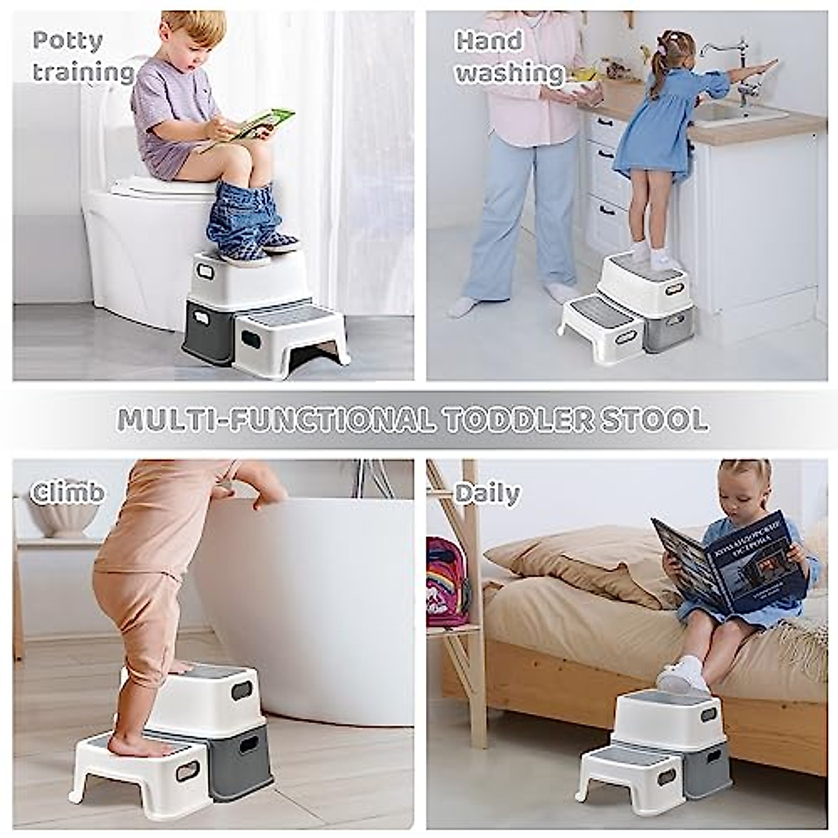 2 Pack Step Stools for Kids, Toddler Step Stool for Bathroom Sink, Toilet Potty Training and Daily Stool Grey+Pink