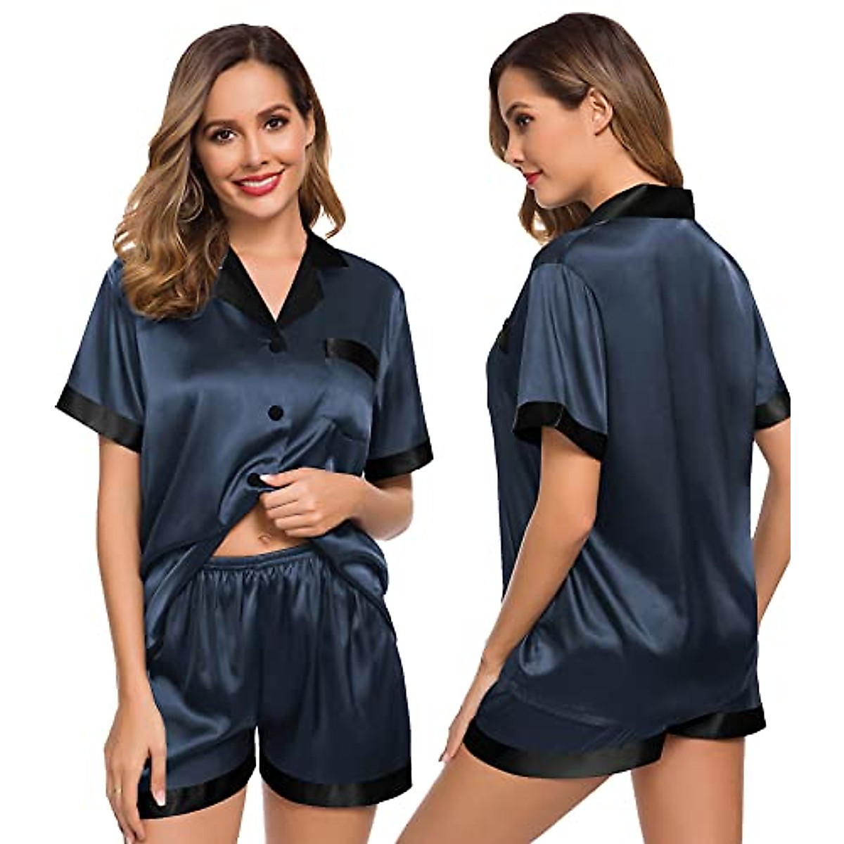 SWOMOG Women's Two Pieces Pajamas Sets Short Sleeve Plus Size Silk Satin Sleepwear Loose PJs Set Loungewear Deep Grey
