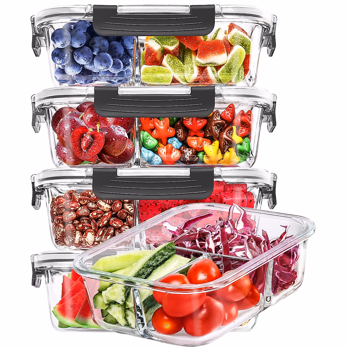 Skroam 5-Packs 36OZ Glass Airtight Food Storage Containers 3 Compartments, Glass Meal Prep Container Set with Lids for Pantry Kitchen Organizers and Storage, BPA Free Glass Lunch Boxes Bento