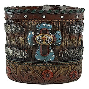 Ebros Gift Rustic Western Old World Country Blue Cross with Concho and Nailheads in Faux Distressed Wood Finish with Floral Patterns (Tumbler Cup, Soap Dish and Toothbrush Holder Set of 3)