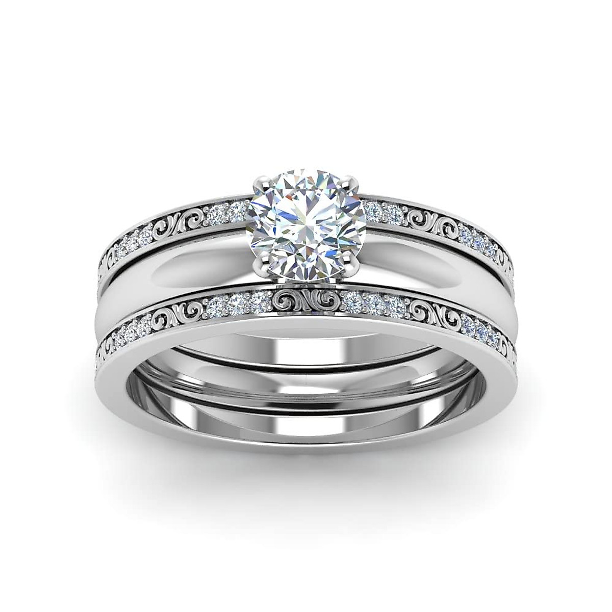 Jewelryonclick 3 Piece Diamond Bridal Set with Filigree Sterling Silver Created Cubic Zircon Round Shape White Color Trio Wedding Ring Sets Prong Setting in Size 9 Fashion Jewelry