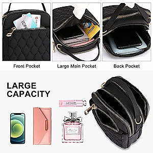 Voikukka Black Designer Cell Phone Crossbody Bag iphone Purse with Shoulder Strap Quilted Crossbody Phone Wallet Telephone Handbag Smartphone Pouch