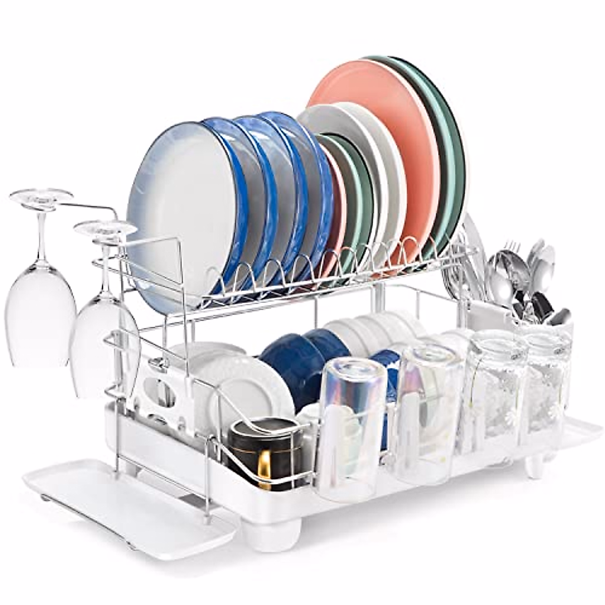 Ohuhu Dish Drying Rack with Drainboard, 2-Tier Stainless Steel Dish Racks with 360-Degree Swivel Spout & Utensil Holder, Large Dish Drainer for Kitchen Counter,27" x 13" x 13"