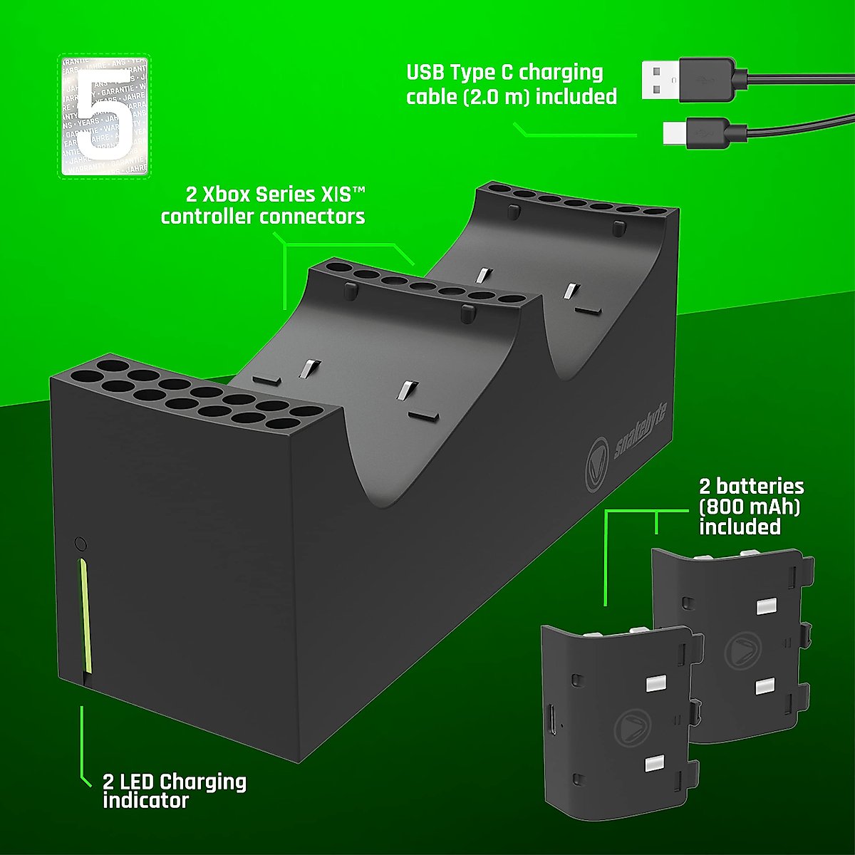 snakebyte Xbox Battery KIT SX - Black - 2 Rechargeable Series X Controller Batteries a 800mAh, comp. with Xbox Twin Charge SX and All Xbox Series X Gamepads, incl. 2m Dual USB Type-C, Y-Charge Cable