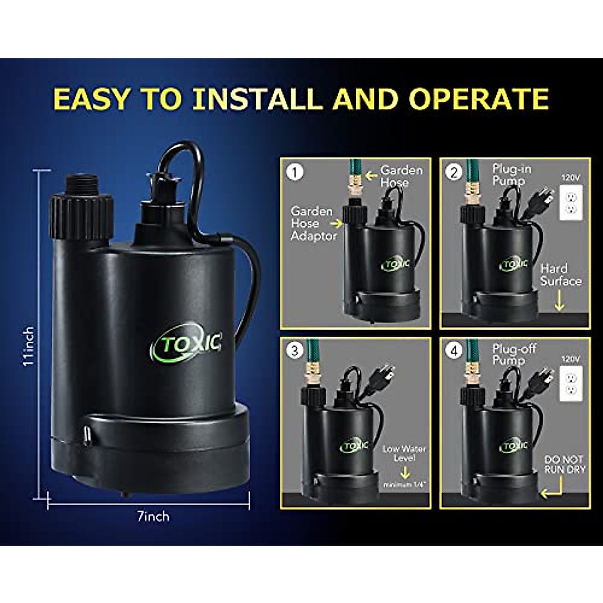 Water Pump Submersible Utility Pump Thermoplastic 1/4 HP Portable Electric Water Removal Drain Pump for Garden Tub Pond Basement Swimming Pool with 10-Foot Cord