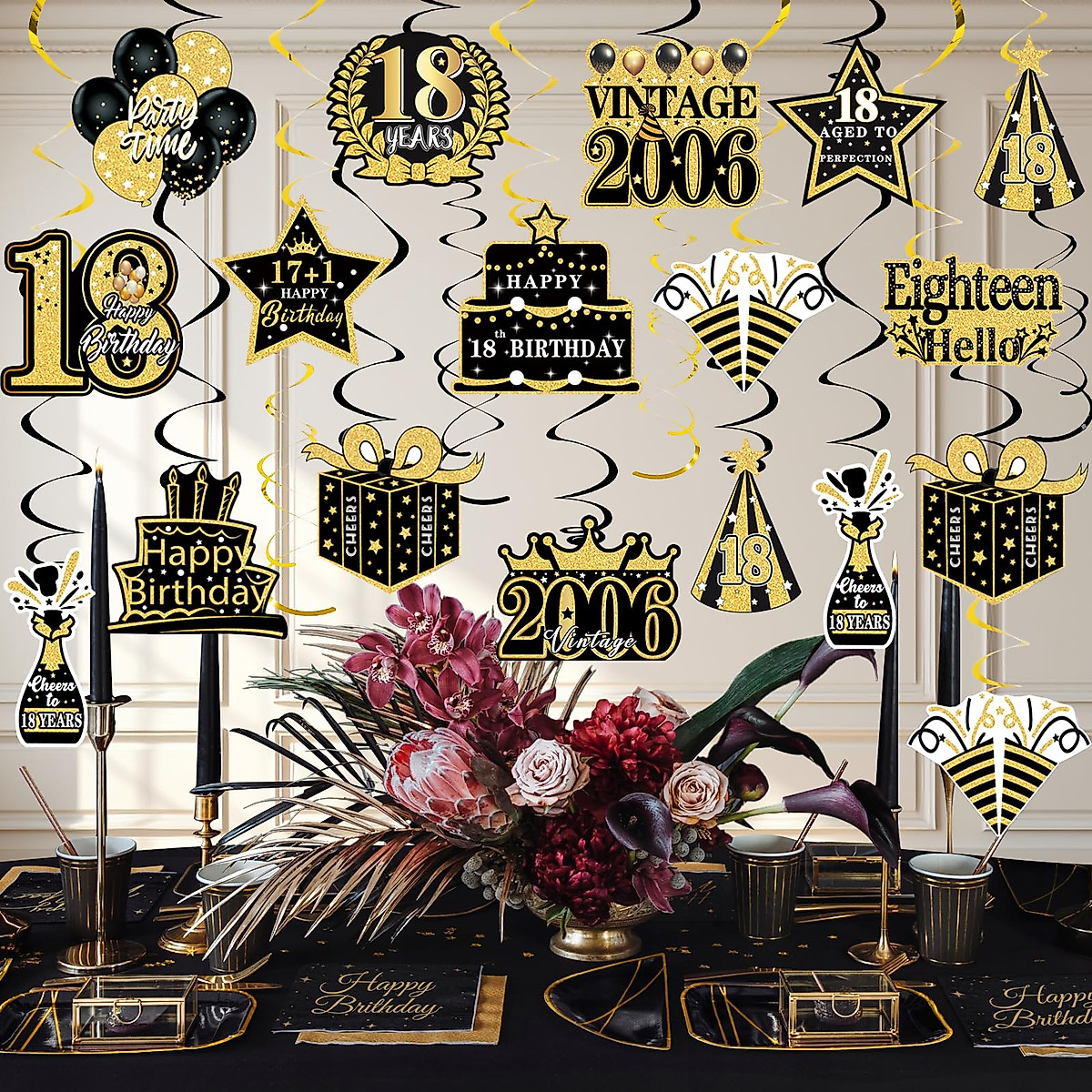 42PCS Black and Gold 18th Birthday Hanging Swirls Decorations for Boys Girls, Happy 18th Birthday Streamers Party Decorations, Vintage 2006 Eighteen Birthday Ceiling Decorations Hanging Whirls
