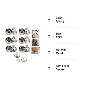 6PCS Perfect Fit Instant Button, Instant Buttons, Jean Replacement Buttons Removable Button No Sew Buttons to Extend or Reduce an Inch to Any Pants Waist in Seconds!