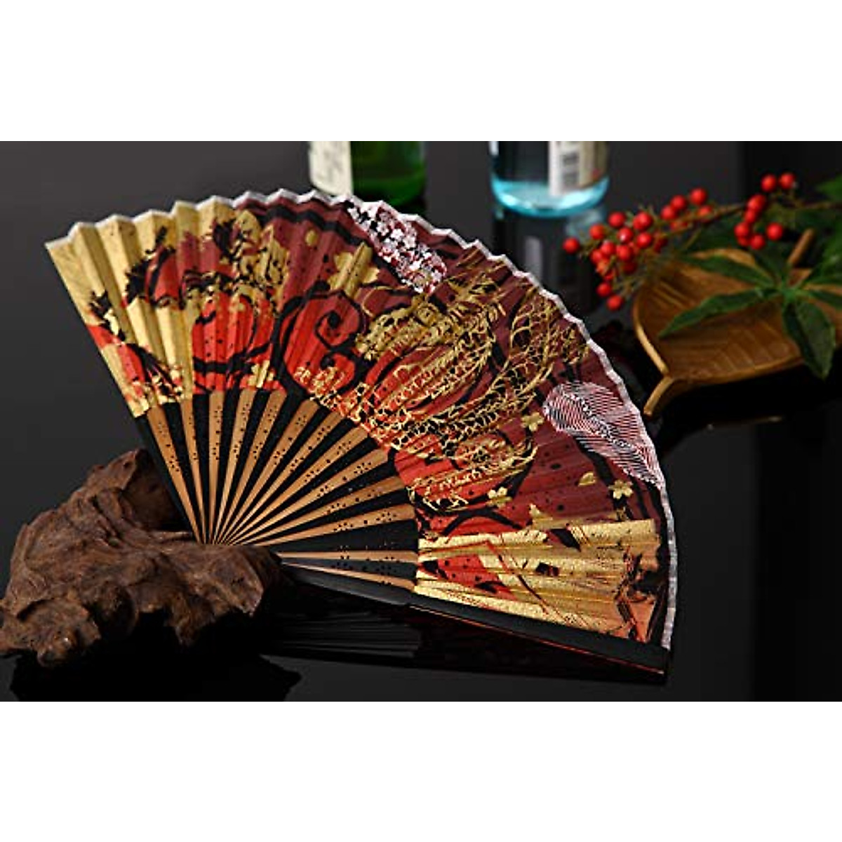 Terra Distribution Folding Fan [Japan Import] Hand Fans for Women Foldable, Japanese Fan, Unique Design, Handmade Bamboo, Silk Fan, 8.6" (22cm), Abanicos de Mano (740 (Phoenix, Dragon))