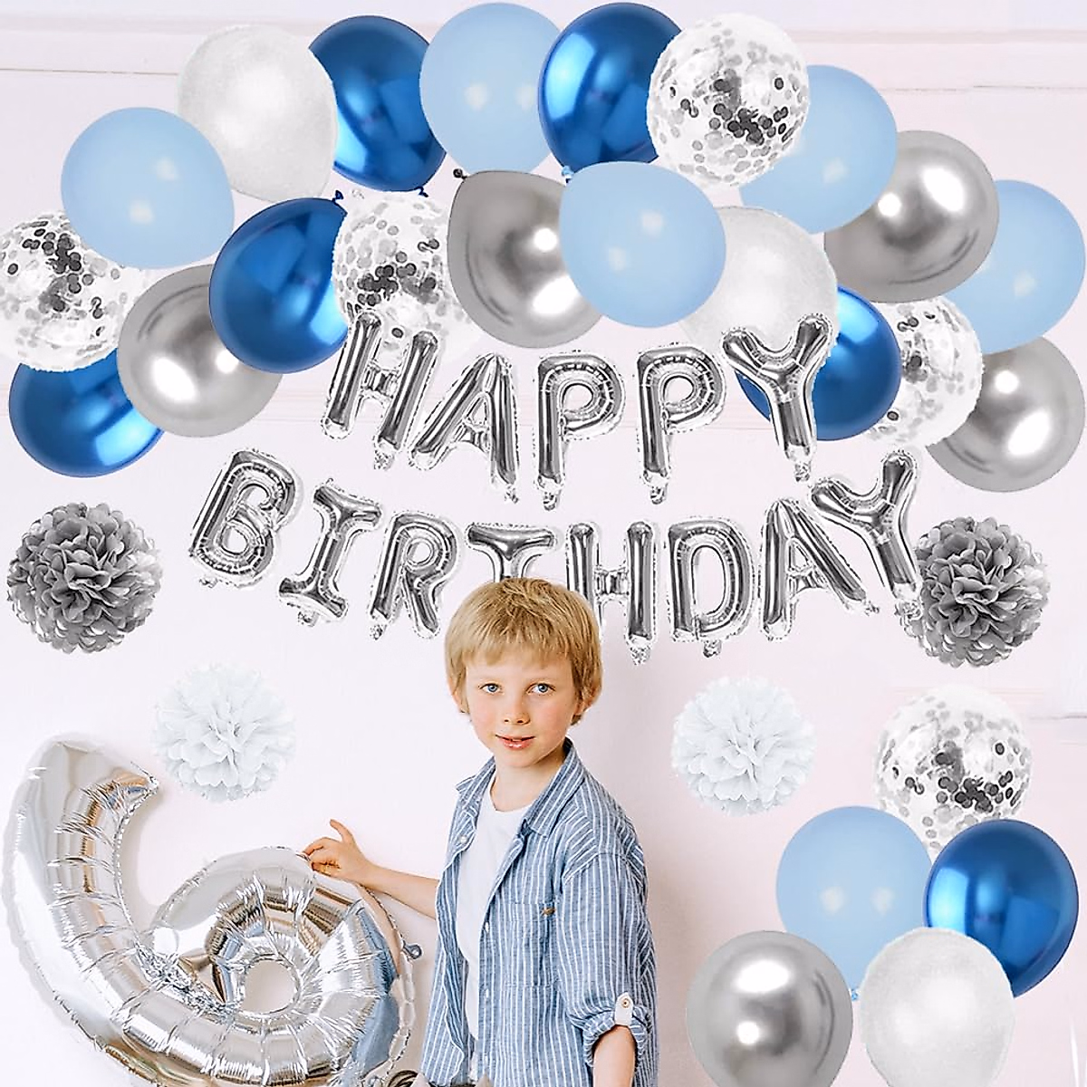 Baby Blue and Silver Birthday Decorations Light Blue White Silver Birthday Party Decorations Blue Balloon Garland Kit with Silver Happy Birthday Balloon Banner Cake Topper for Boys Girls