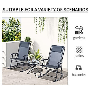 Outsunny 3 Piece Outdoor Rocking Bistro Set, Patio Folding Chair Table Set with Glass Coffee Table for Yard, Patio, Deck, Backyard, Grey